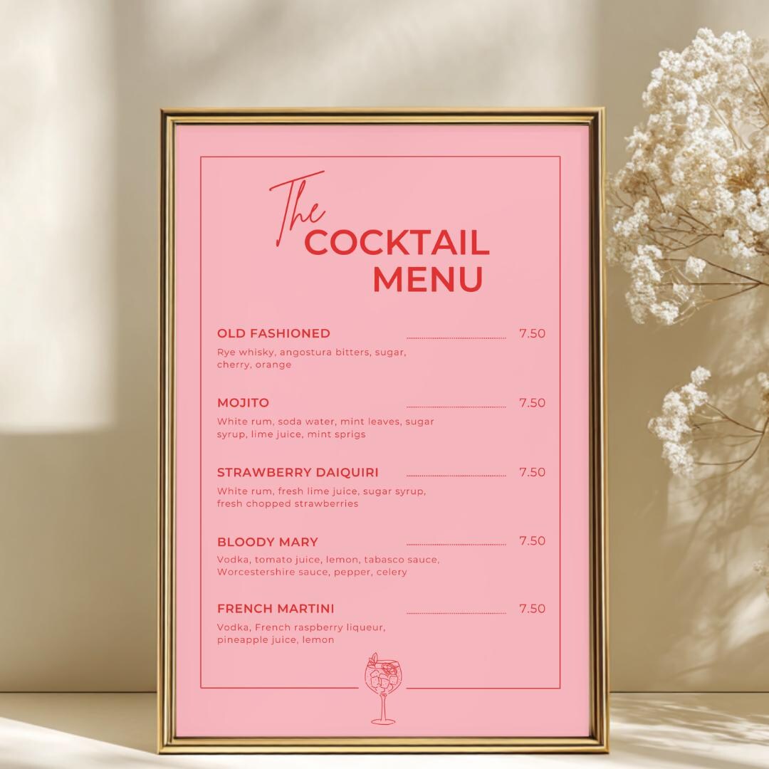 Printable Cocktail Menu Template: Modern Red Drink Sign (editable Canva ...