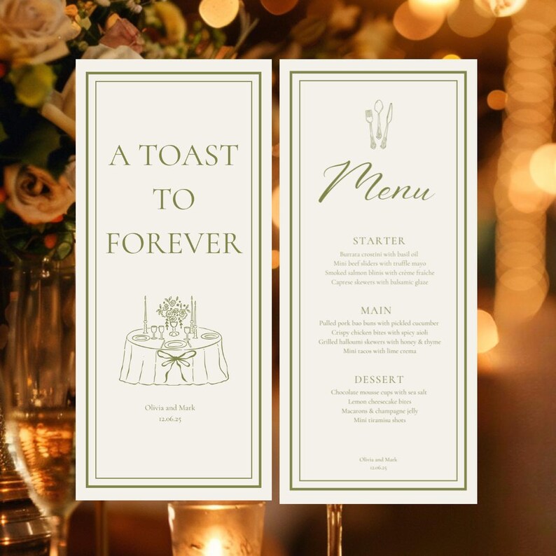 Wedding Dinner Sign Set Olive Green – Minimalistic Reception Menu and ...