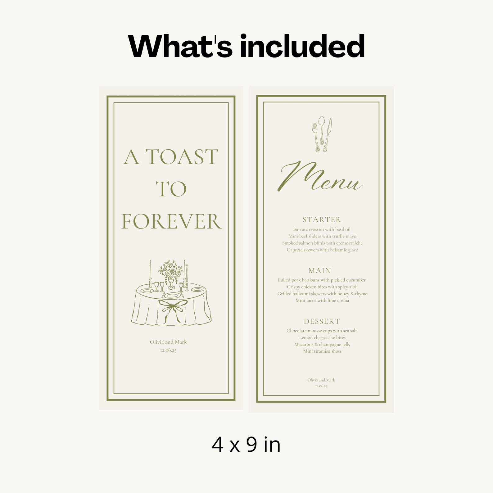 Wedding Dinner Sign Set Olive Green – Minimalistic Reception Menu and ...
