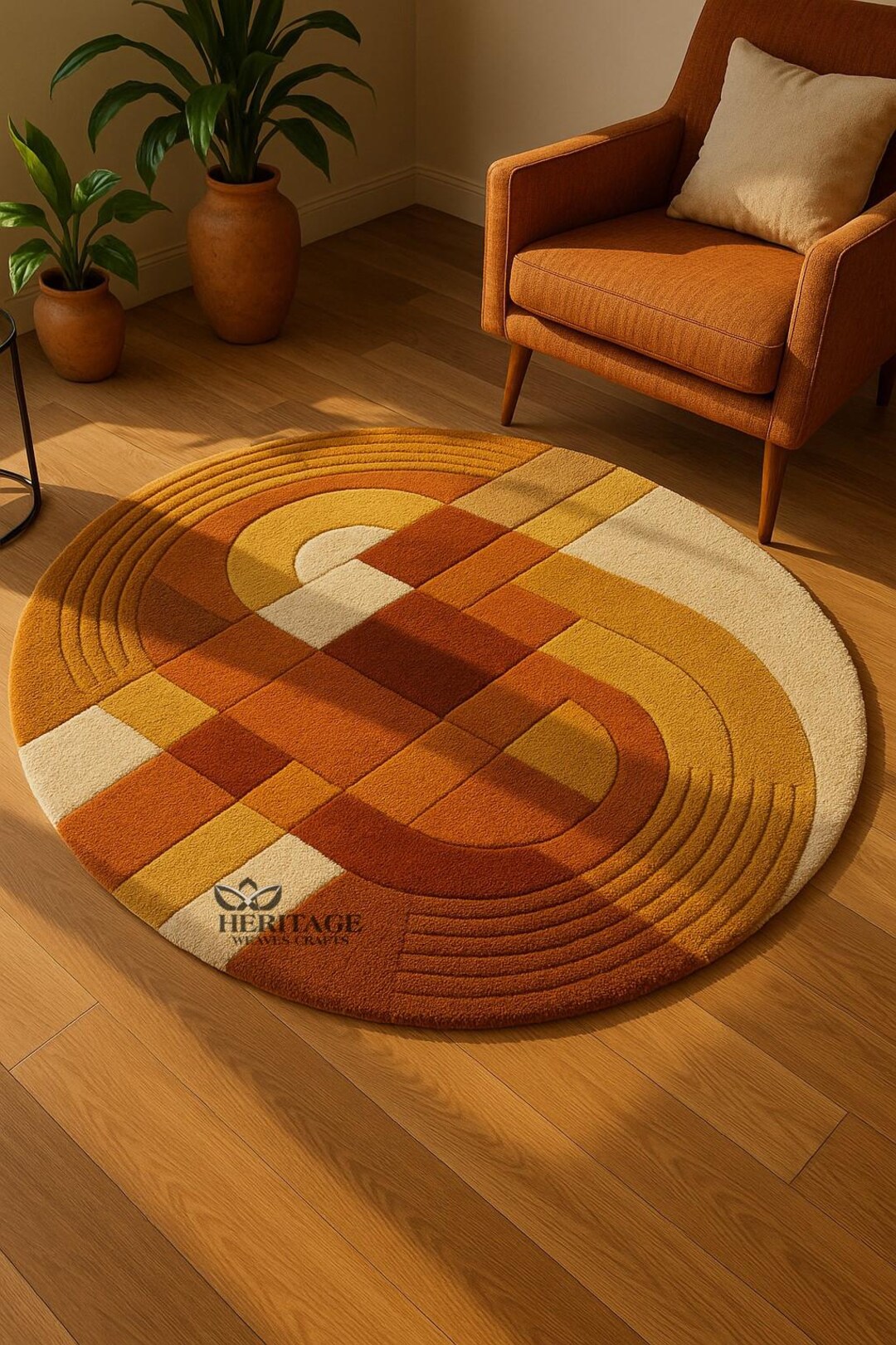 Retro Round Rug: Geometric Abstract, Orange Yellow Cream - Etsy