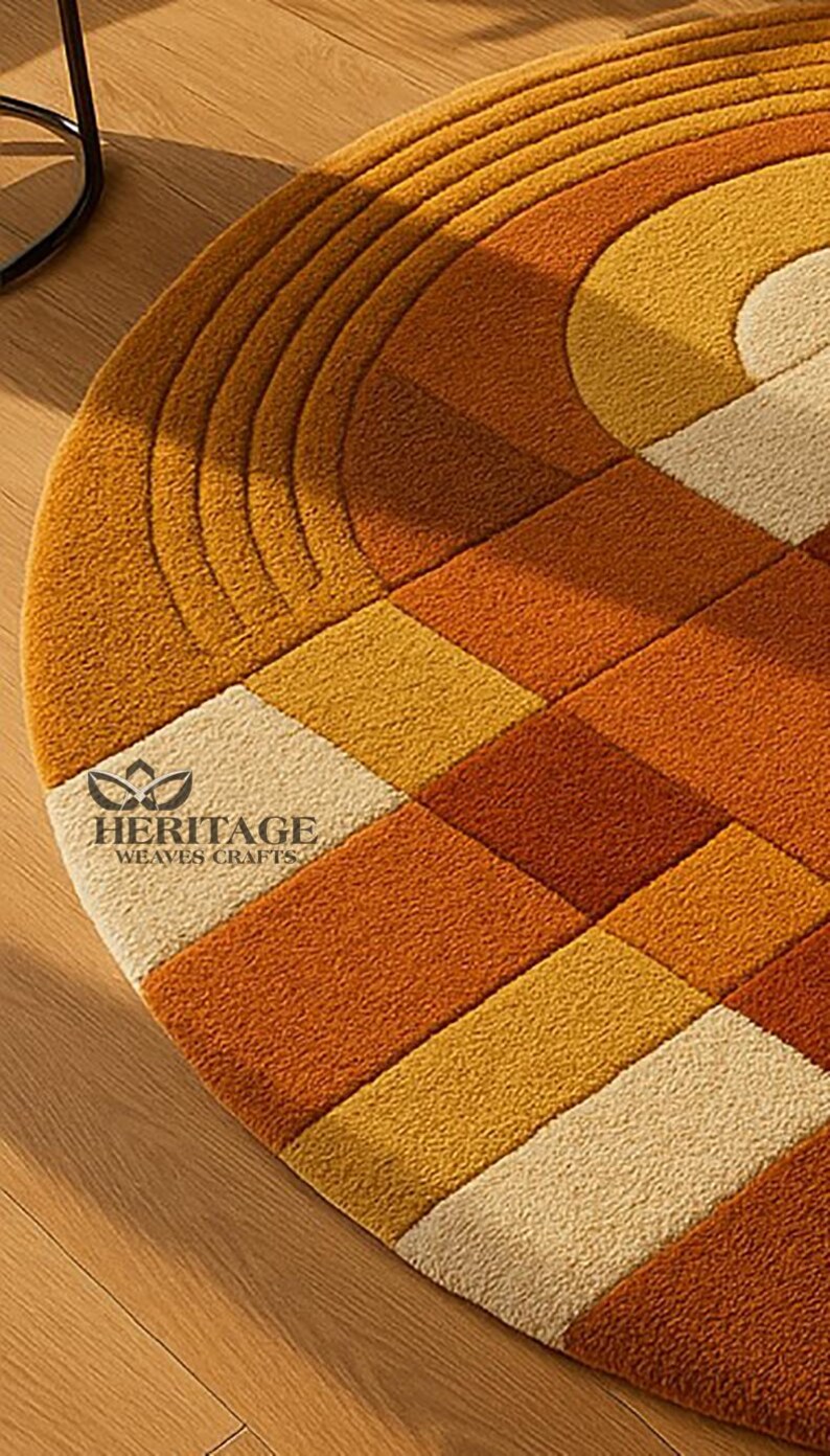 Retro Round Rug: Geometric Abstract, Orange Yellow Cream - Etsy