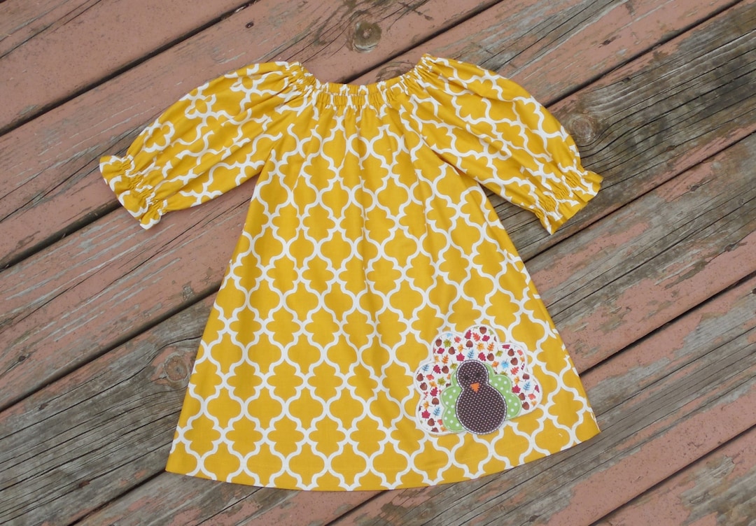 Girl's Thanksgiving Dress, Turkey Dress, Mustard Quatrefoil With Turkey ...