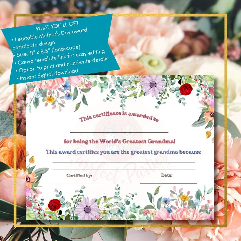 Mothers Day Award Certificate for Grandma, Editable Canva Template ...