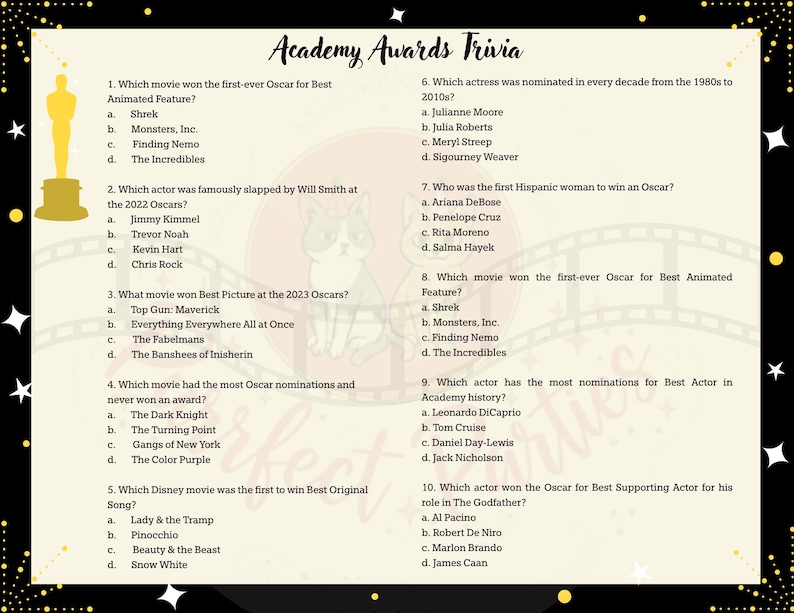 Oscars Trivia Game 2026 | Multiple Choice Printable | Editable Canva ...