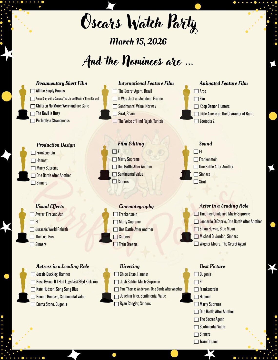 2026 Oscars Nomination Ballot | Elegant Watch Party Game (editable ...