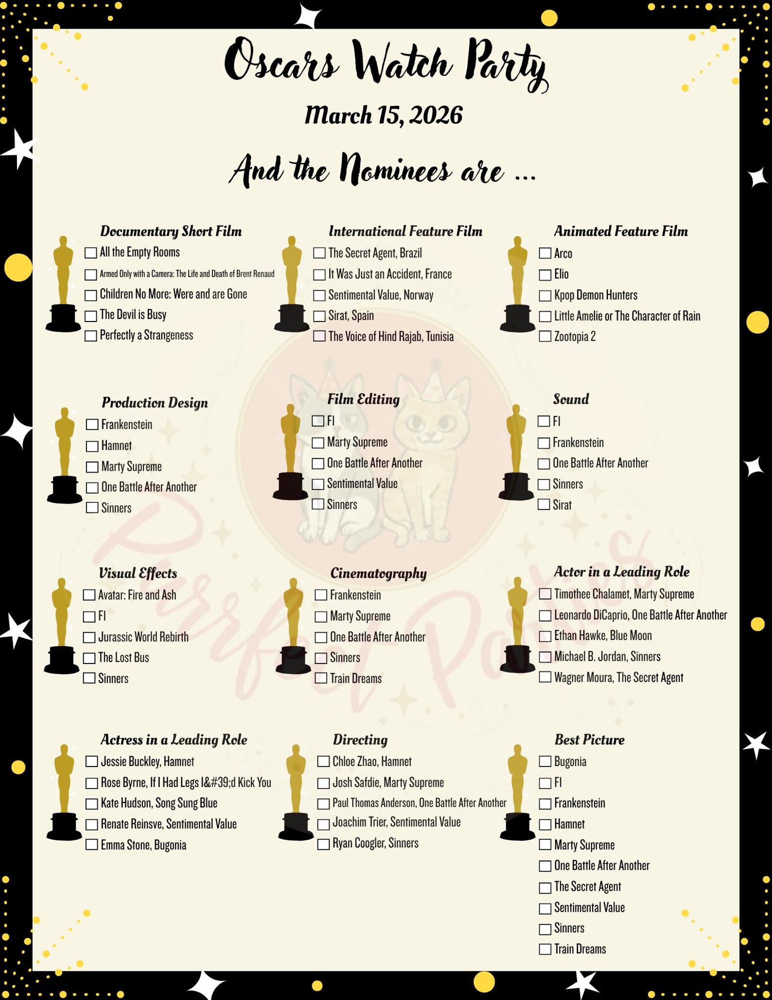 2026 Oscars Nomination Ballot | Elegant Watch Party Game (editable ...