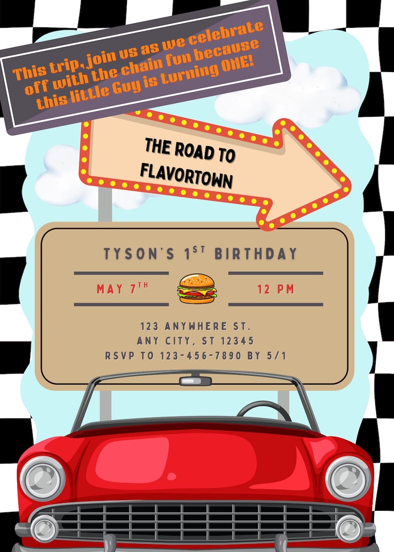 Diner Road Trip First Birthday Invitation | Retro Car Theme (editable ...