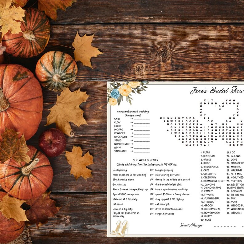 Bridal Shower Games Printable – Game Placemat With Word Search, Bride ...