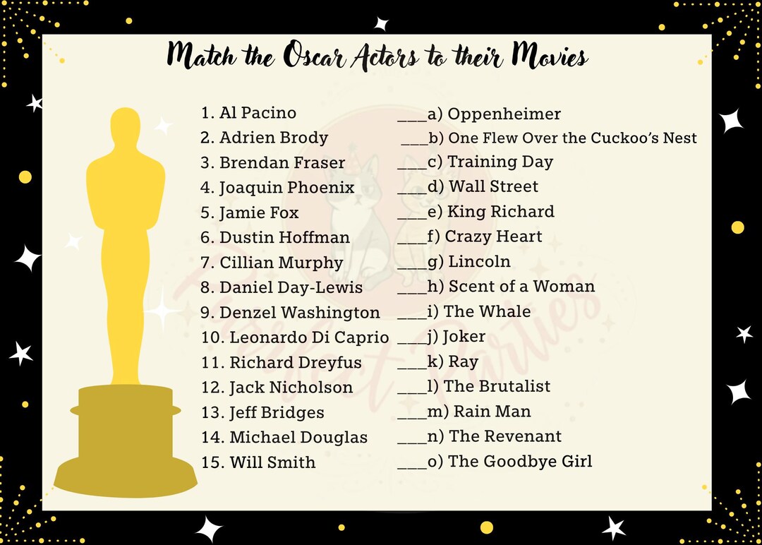Oscars Trivia Game Printable: Match the Oscar Actors for Awards Night ...