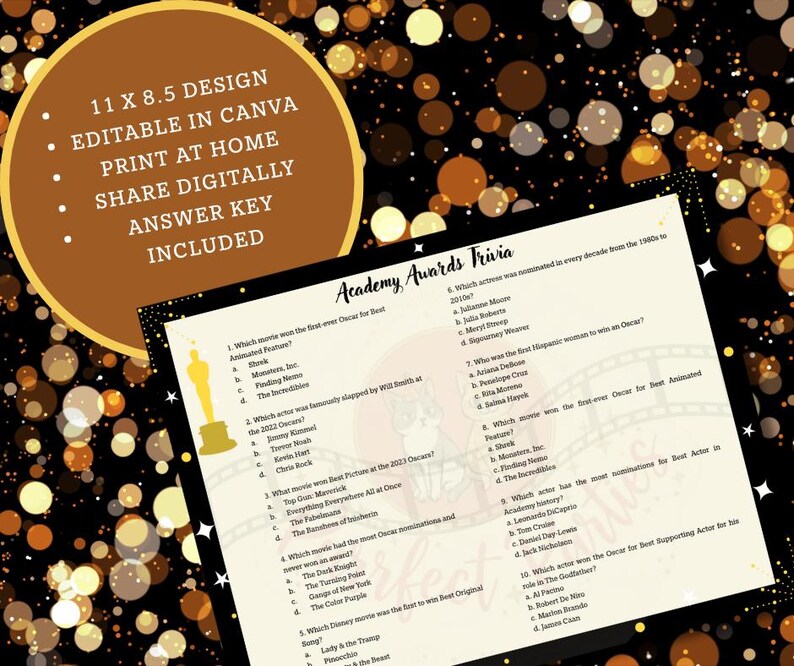 Oscars Trivia Game 2026 | Multiple Choice Printable | Editable Canva ...