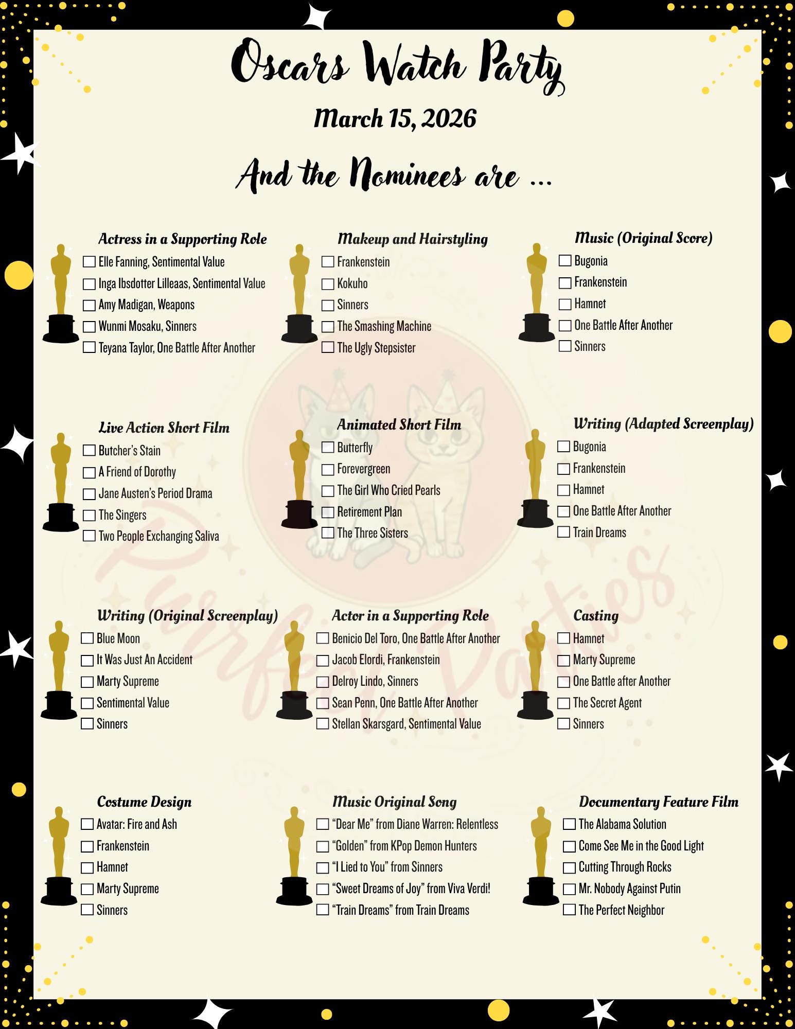 2026 Oscars Nomination Ballot | Elegant Watch Party Game (editable ...