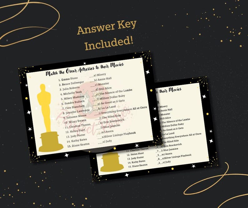 Oscars Party Game Printable: Match the Oscar Actresses Trivia Game for ...