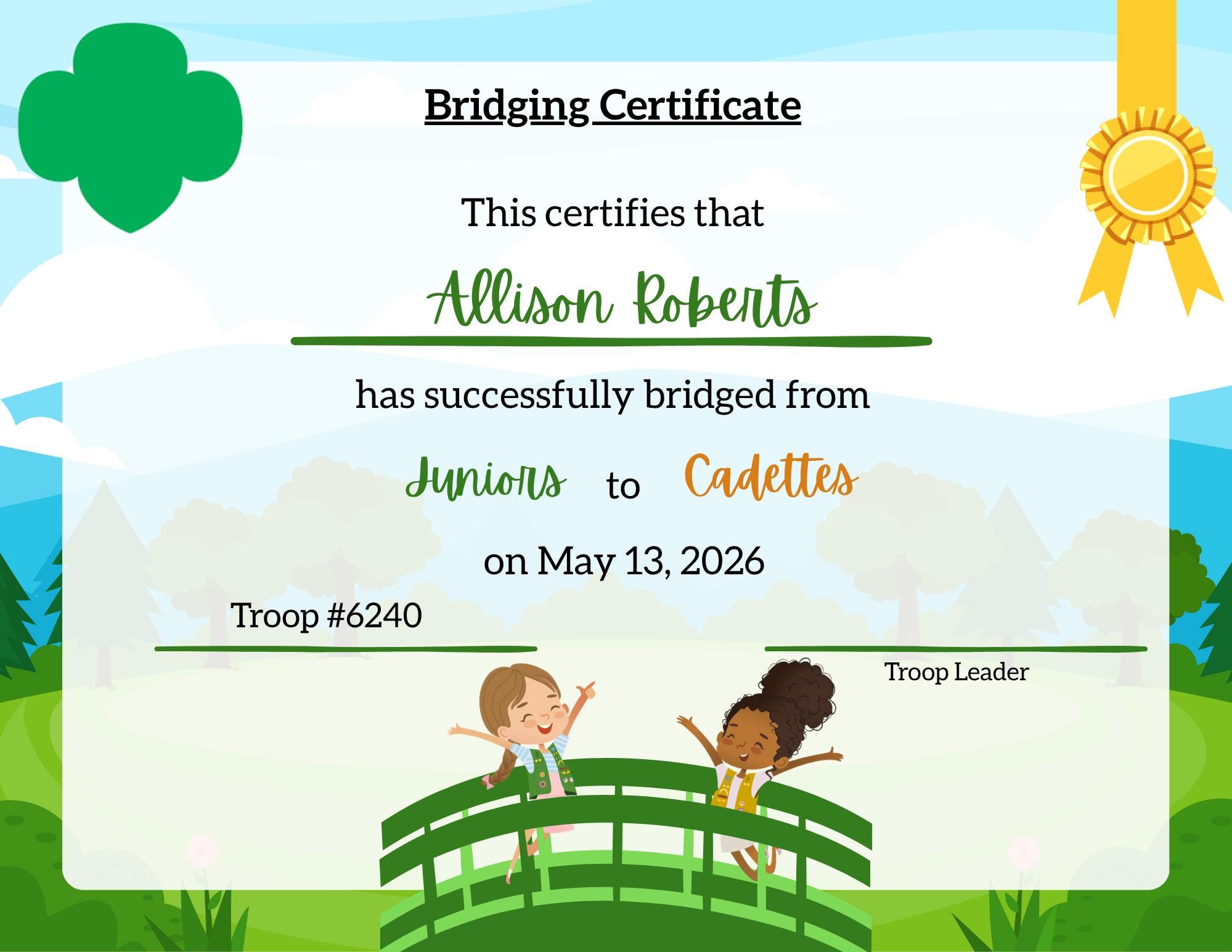 Junior to Cadette Bridging Certificate, Girl Scout Printable Award ...