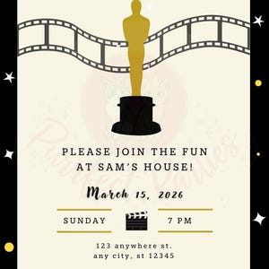 2026 Oscars Watch Party Invitation | Editable Canva 5x7 | Elegant ...