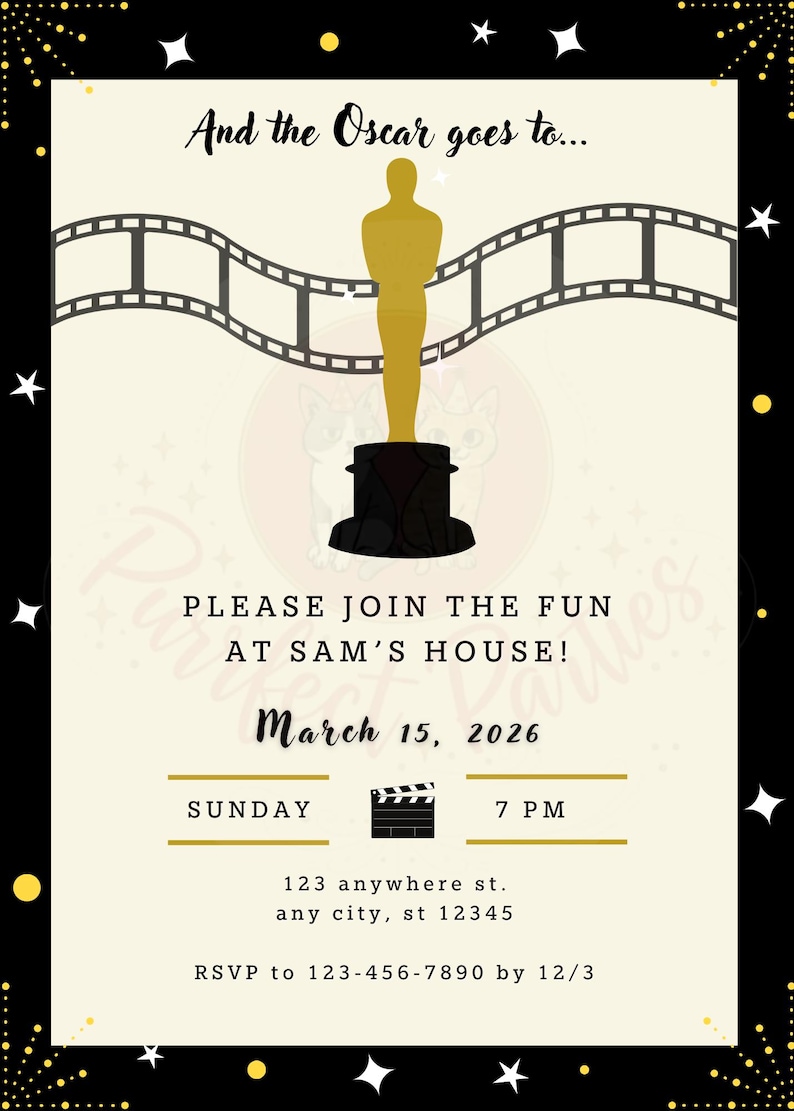 2026 Oscars Watch Party Invitation | Editable Canva 5x7 | Elegant ...