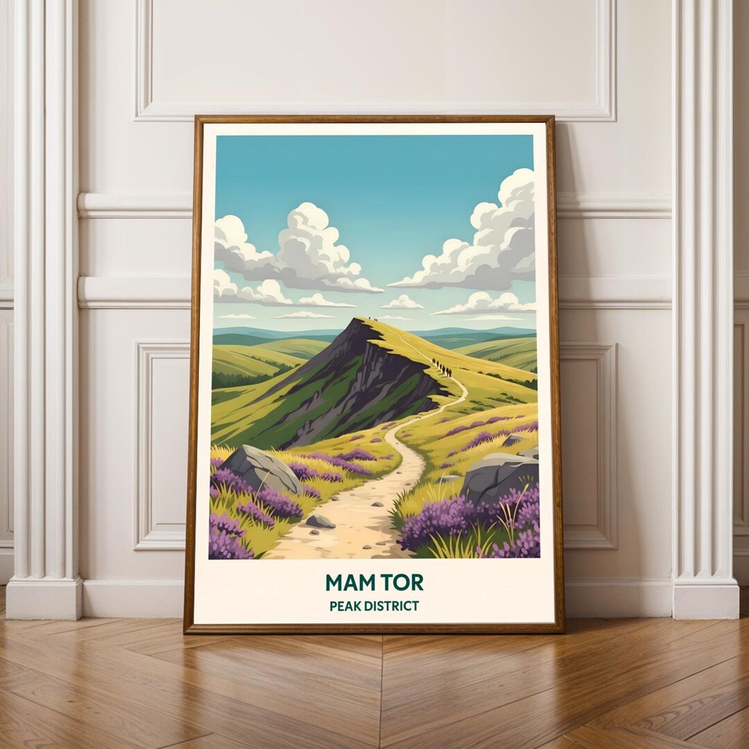 Mam Tor Poster – Minimalist Landscape, Sunlit Ridge With Purple Heather ...