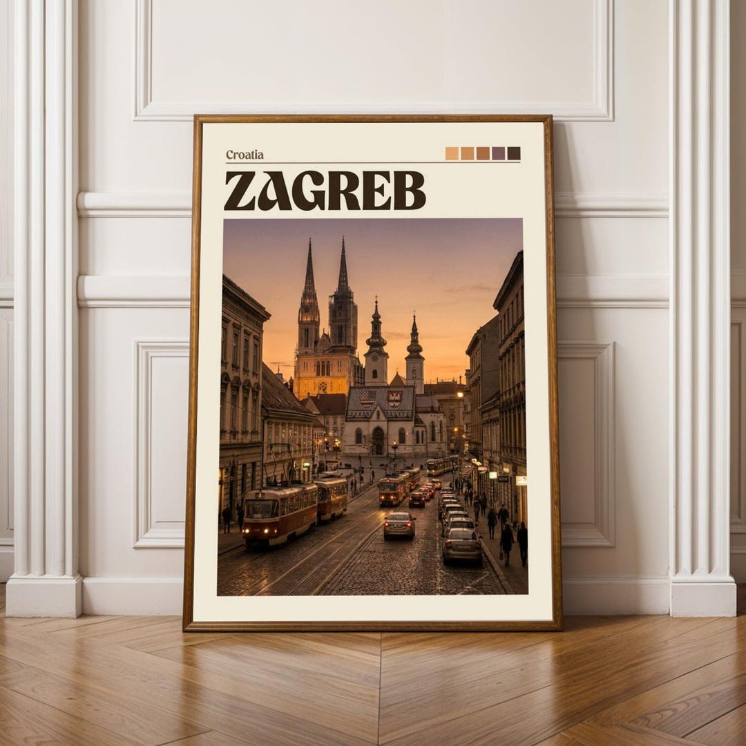 Zagreb Art Print – Vintage Travel, Warm Sunset Tones, Mixed Media Style ...