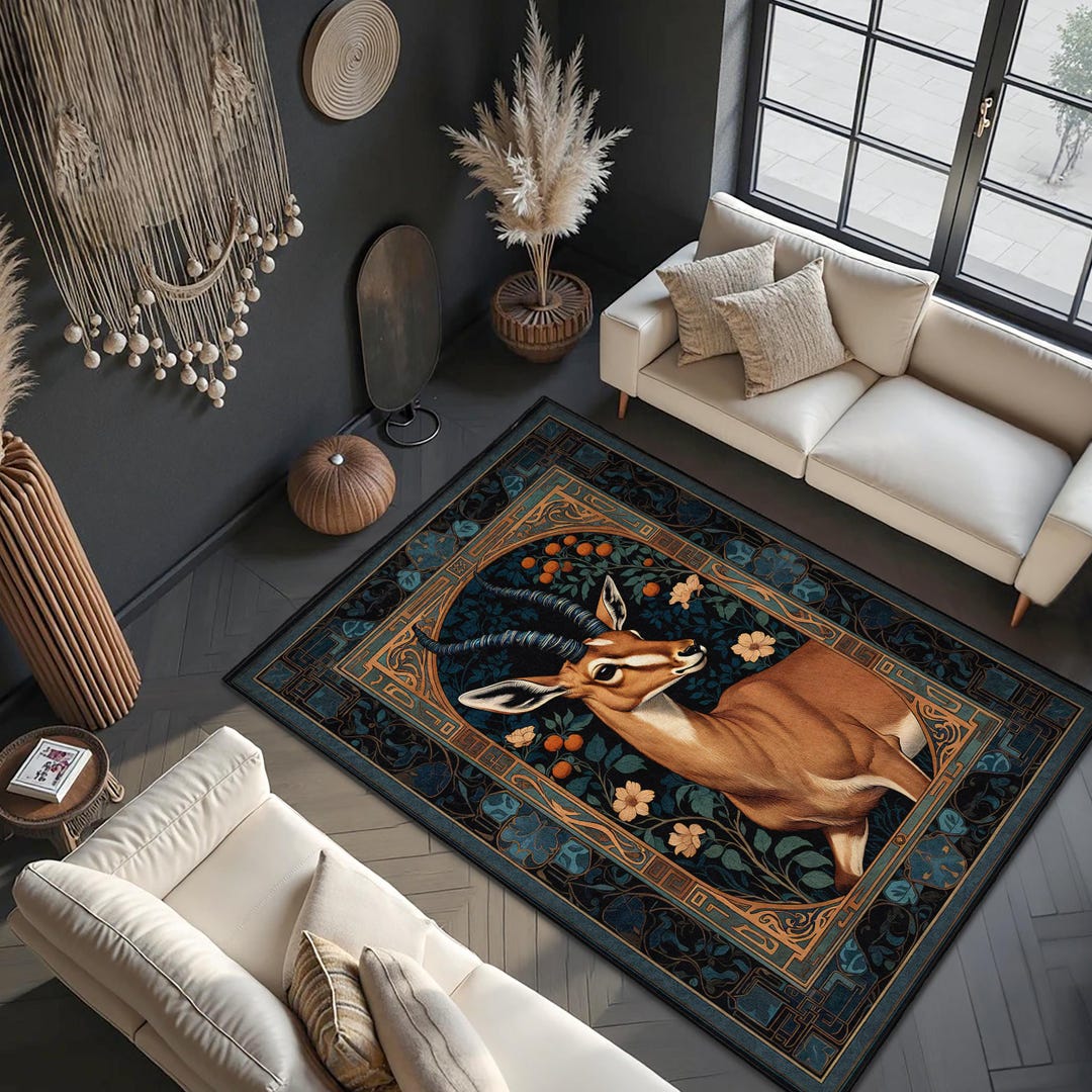 Antelope Botanical Art Rectangular Rug | Art Nouveau Nature Carpet for ...