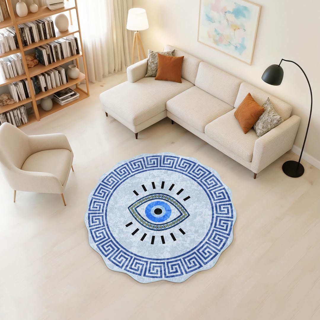 Evil Eye Greek Key Round Area Rug With Wavy Decorative Edge | Blue ...