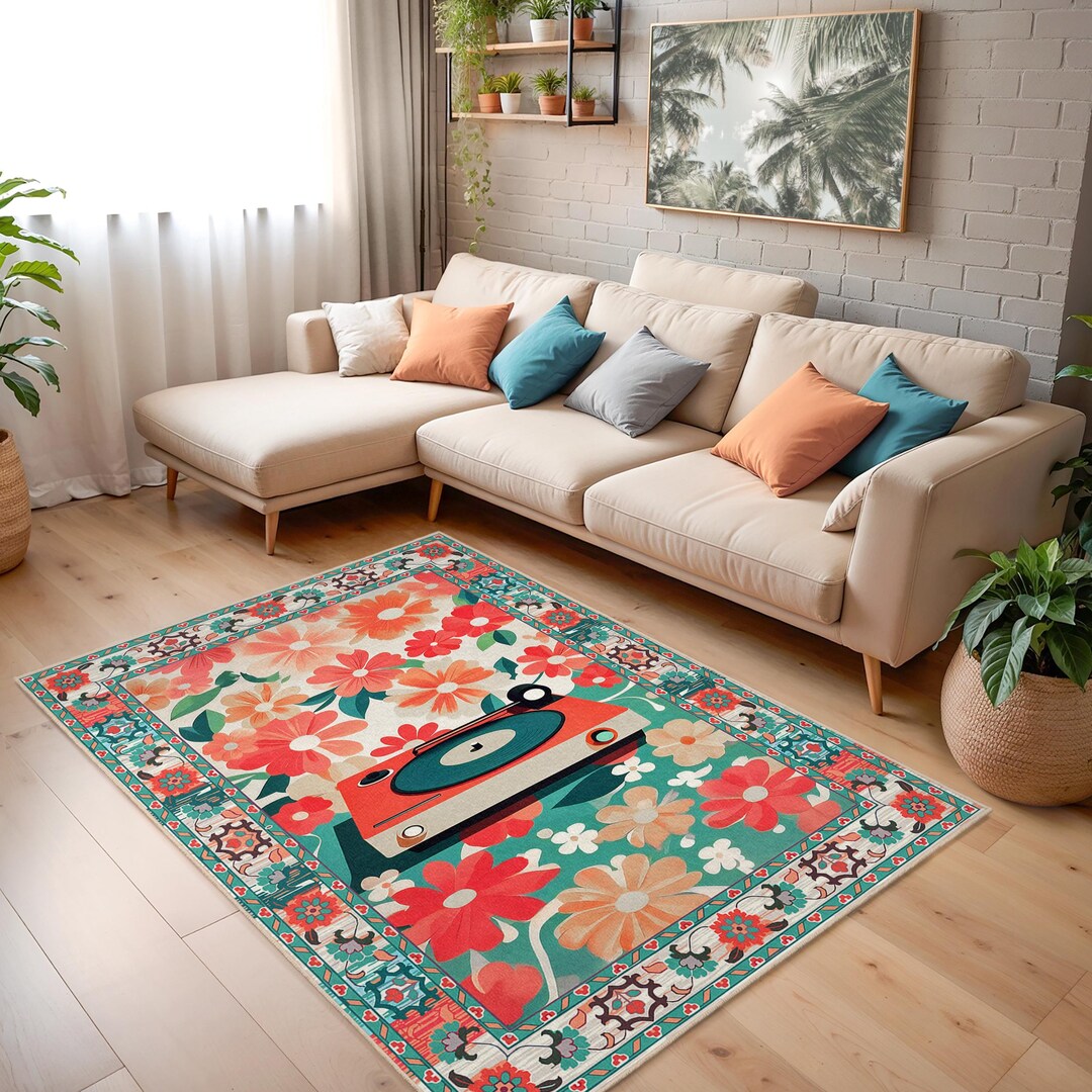Retro Floral Record Player Rectangular Digital Printed Rug | Colorful ...