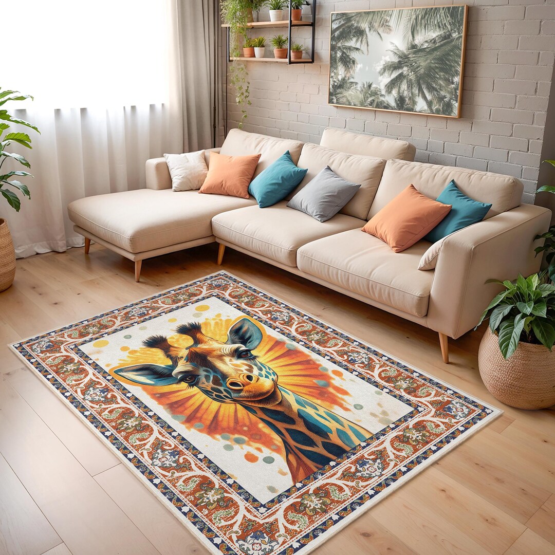 Giraffe Rectangular Digital Printed Rug | Bohemian Safari Art Carpet ...