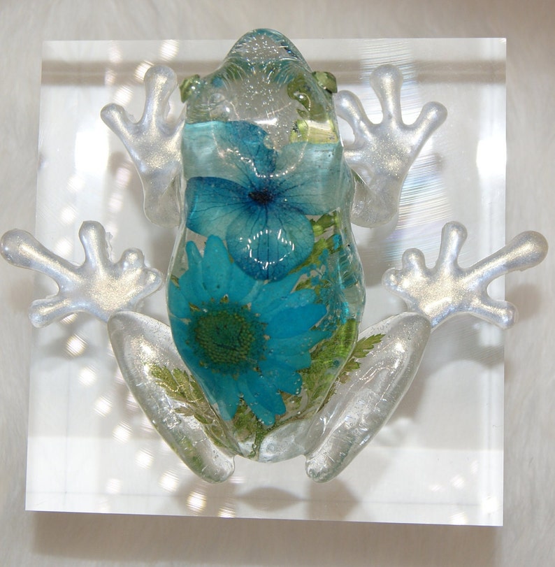Teal Turquoise Frog With Pressed Real Flower Resin Garden Home ...