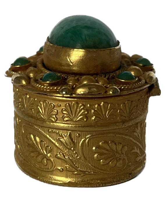 Green Pill Box Vintage , Green and Gold Miniature Box… - Gem