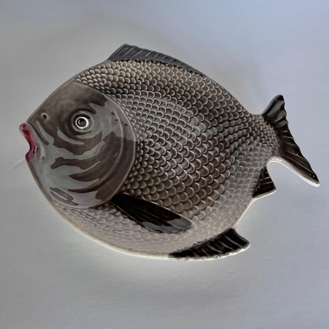 Vintage Ceramic Fish Plate Made in Portugal Gray Glazed Coastal Serving ...