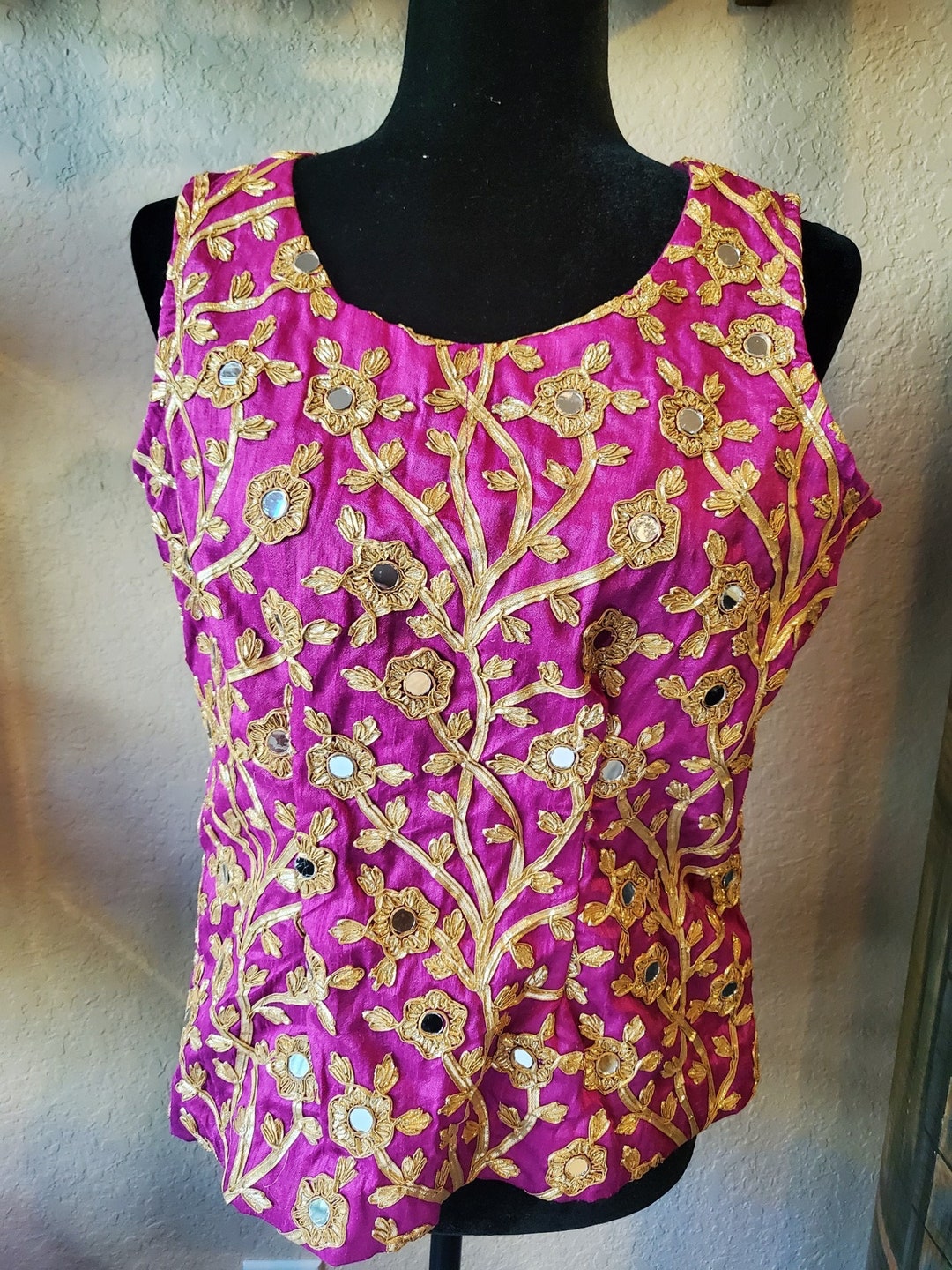 Fuchsia Pink and Mirror Vintage Top, Embroidered Top, Vintage Tank Top ...