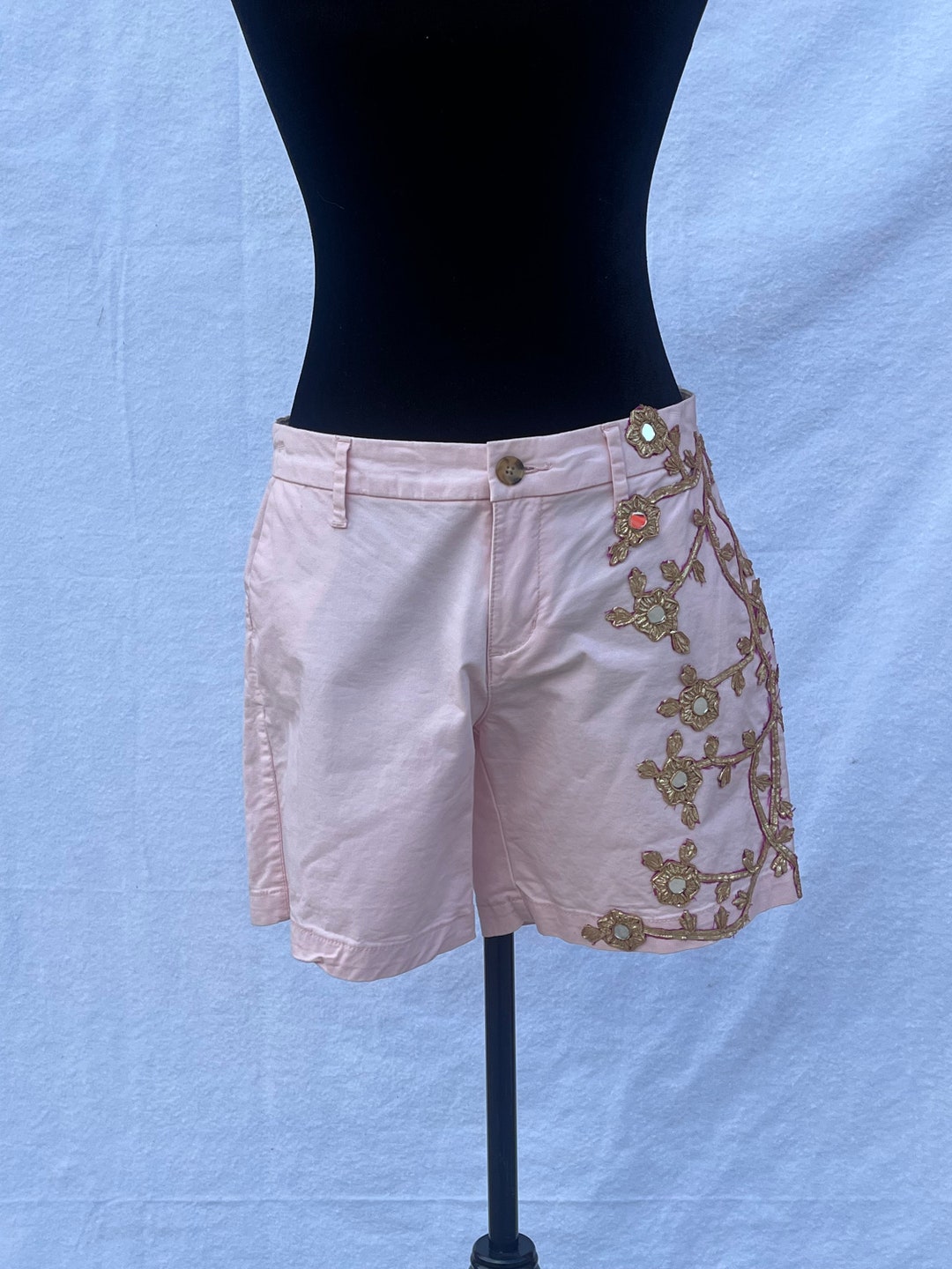 Pink Mirror Shorts, Floral Applique, Mirrored Shorts, Redesigned by ...