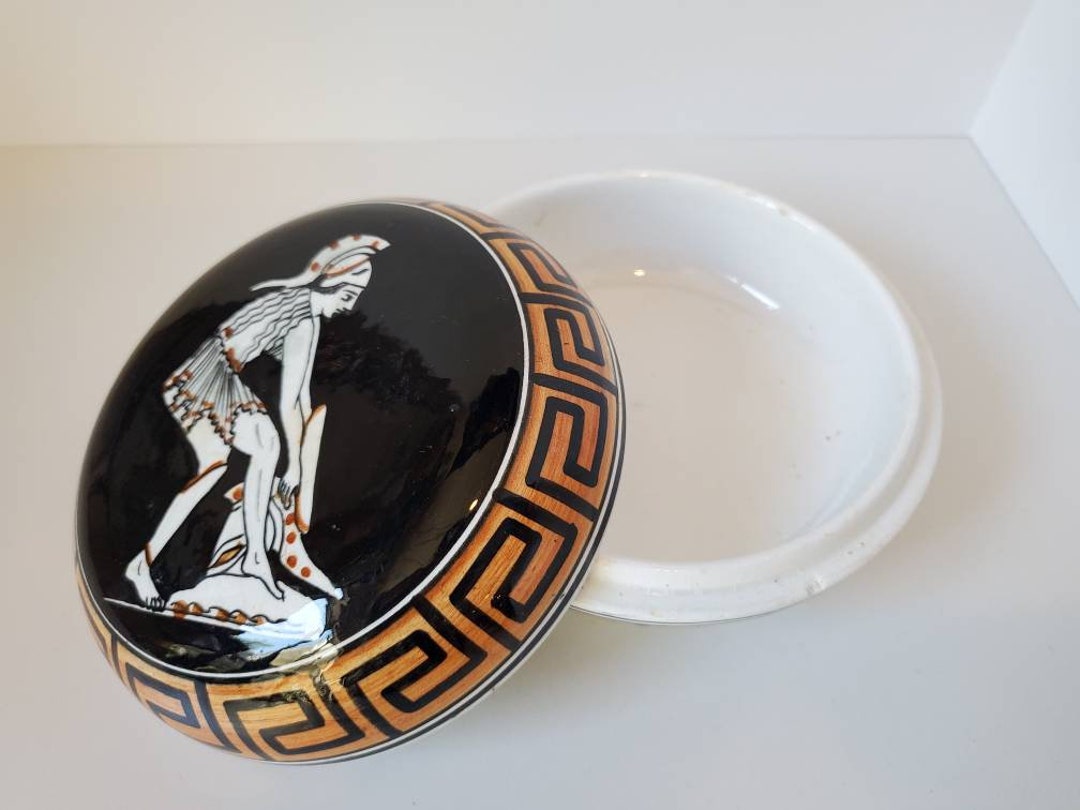 Greek Key Ceramic Box, Greek Warrior Round Box, Greek Jewelry Box ...