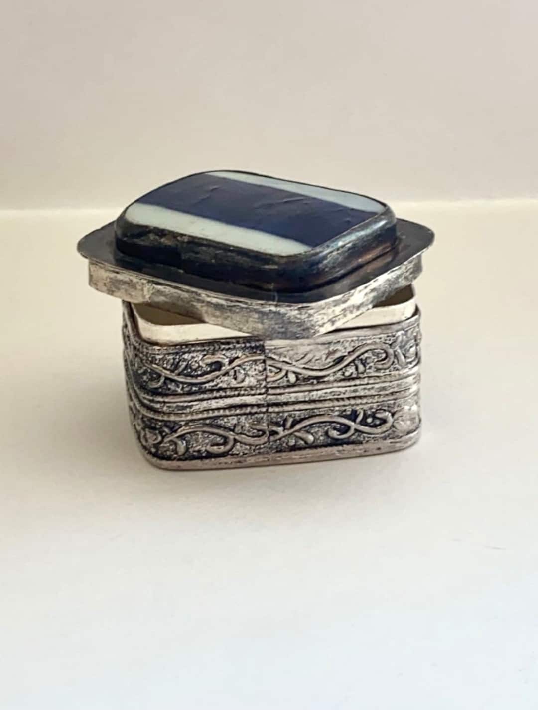 Vintage Silver Box, Blue Glass Box, Small Box, Collectors Box, Embossed ...