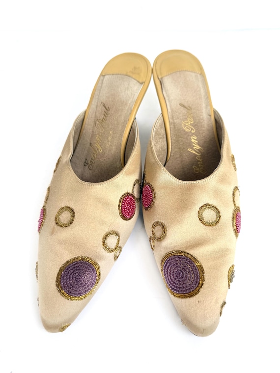 Vintage Silk Beaded Mules, Evelyn Paul Paris Heels, S… - Gem
