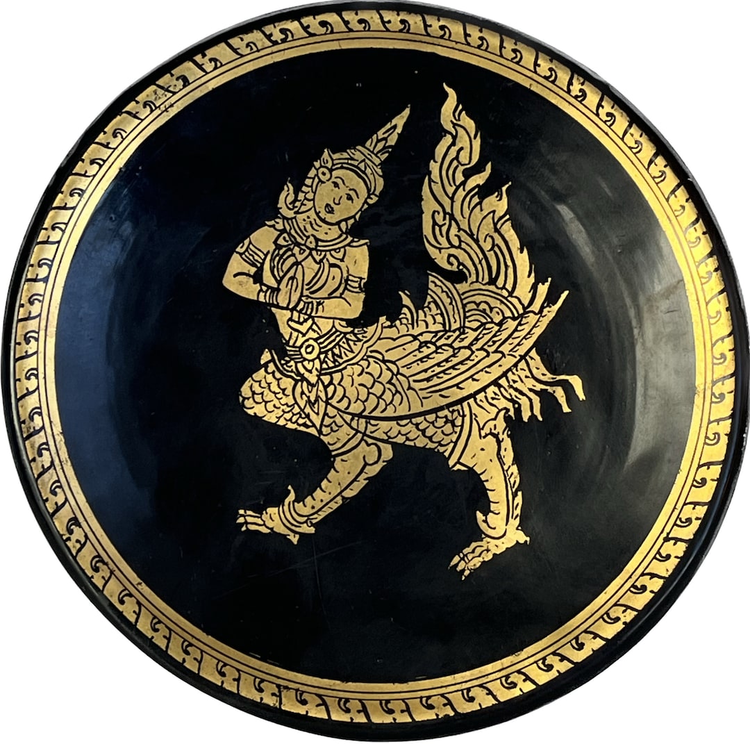 Thai Indian Plate, Vintage Black and Gold Ethnic Plate, Mid Century ...