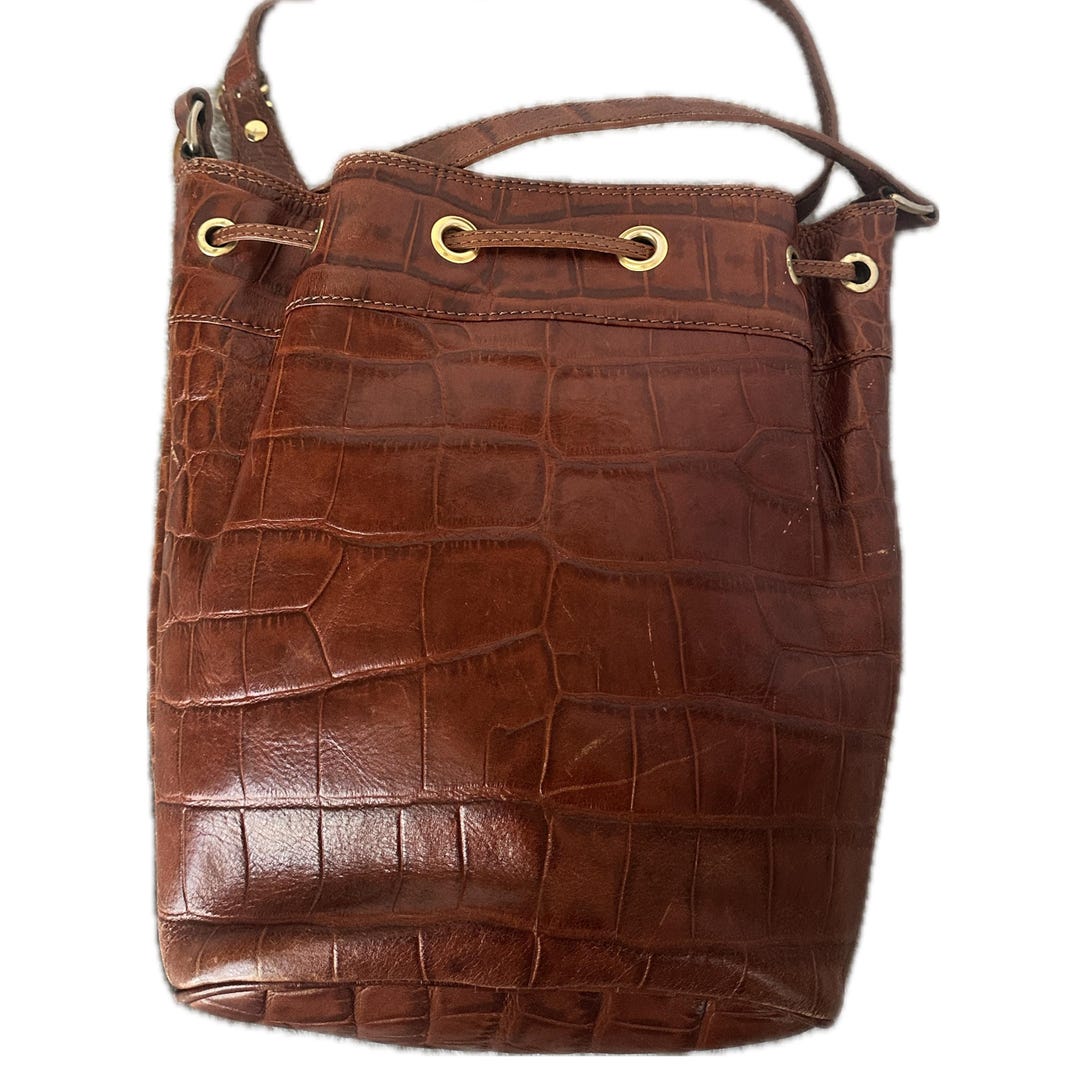 Vintage Ann Taylor Italian Leather Bucket Bag, Croc Embossed Drawstring ...