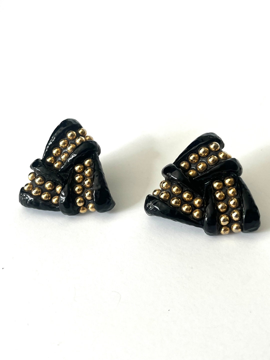 Vintage Triangle Earrings, Clip-on Earrings, Black and Gold Earrings ...