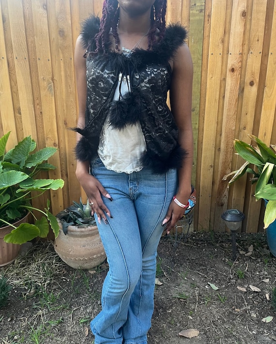 Black Lace Fur Top, Lace Lingerie, Lace and Fur Trim … - Gem