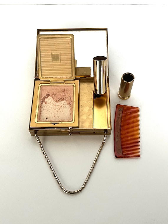 Vintage Purse Compact, Gold Toned Makeup Compact, Lip… - Gem