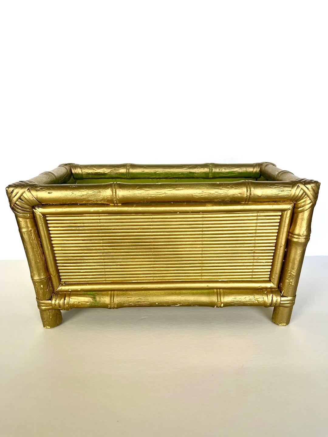 Bamboo Gold Decor, Vintage Gold Bamboo Planter Box, Retro Bamboo Decor ...