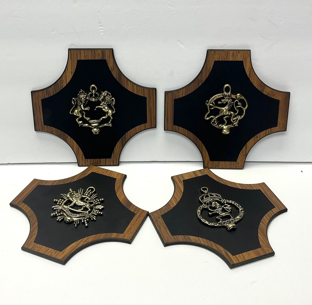 Vintage British Wood Coat of Arms Wall Hangings, Mid Century Decor, Set ...