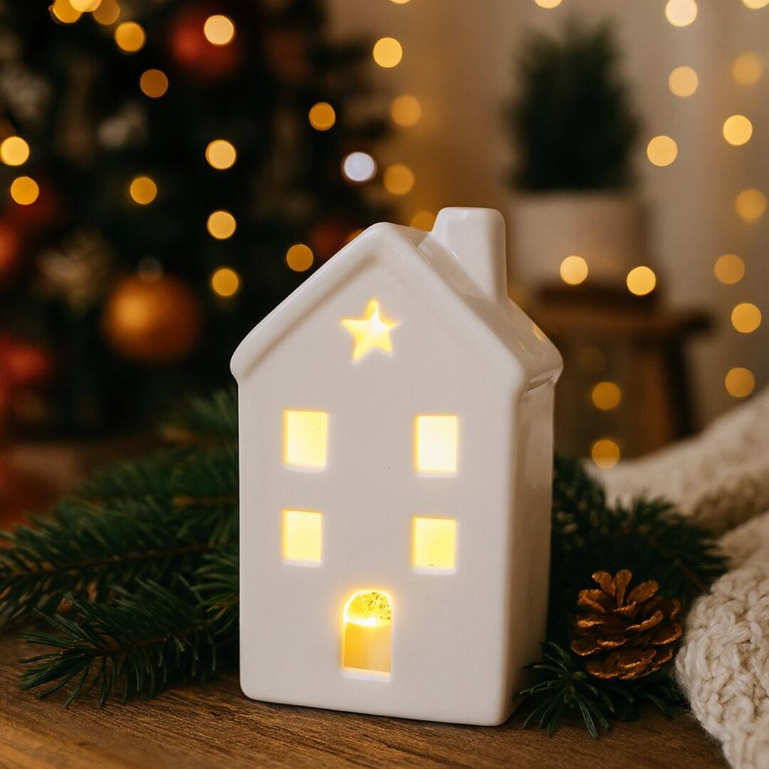 White Ceramic Christmas House Tea Light Holder – Minimalist LED Candle ...