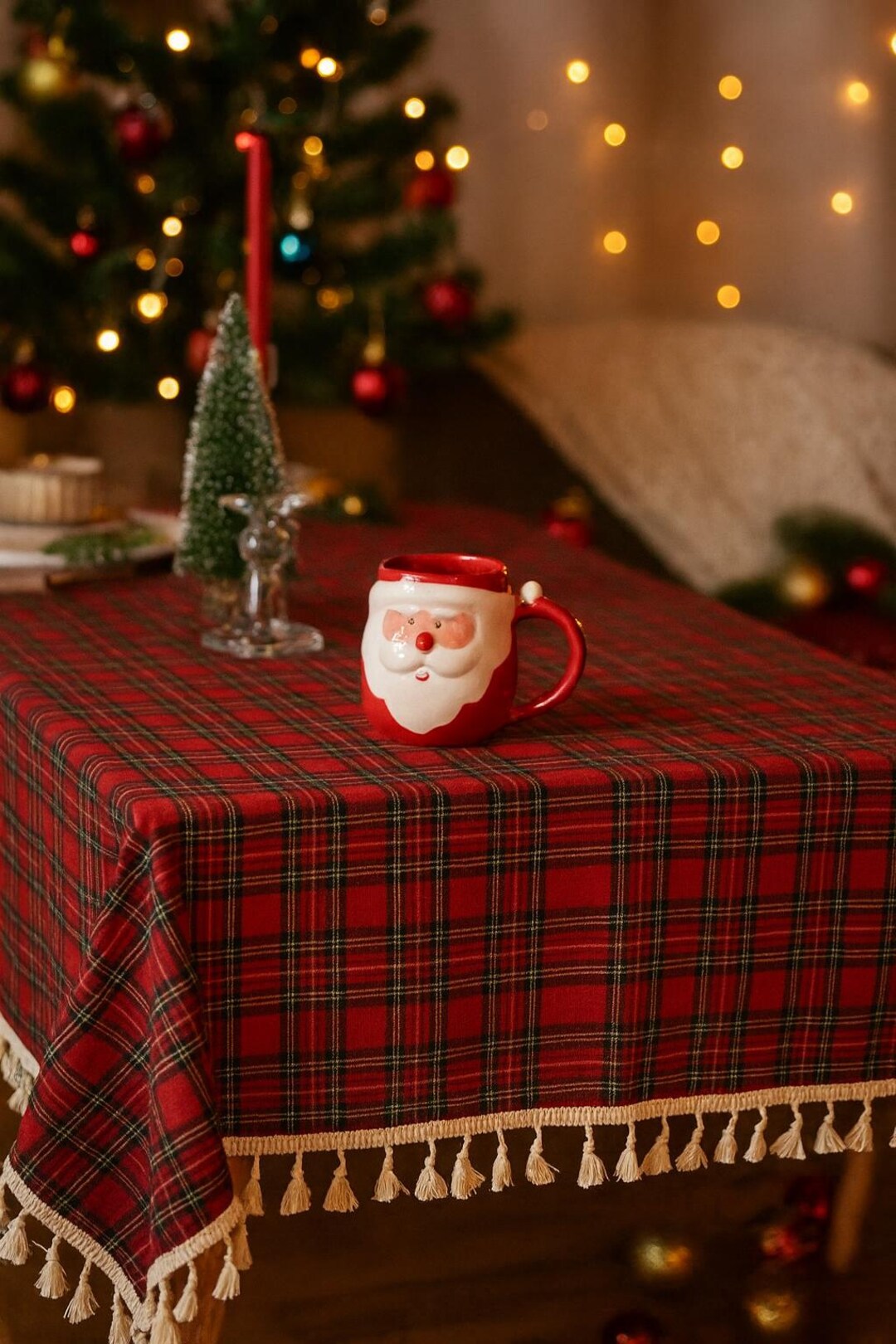 Christmas Plaid Tablecloth With Tassels – Red & Green Cotton Blend ...