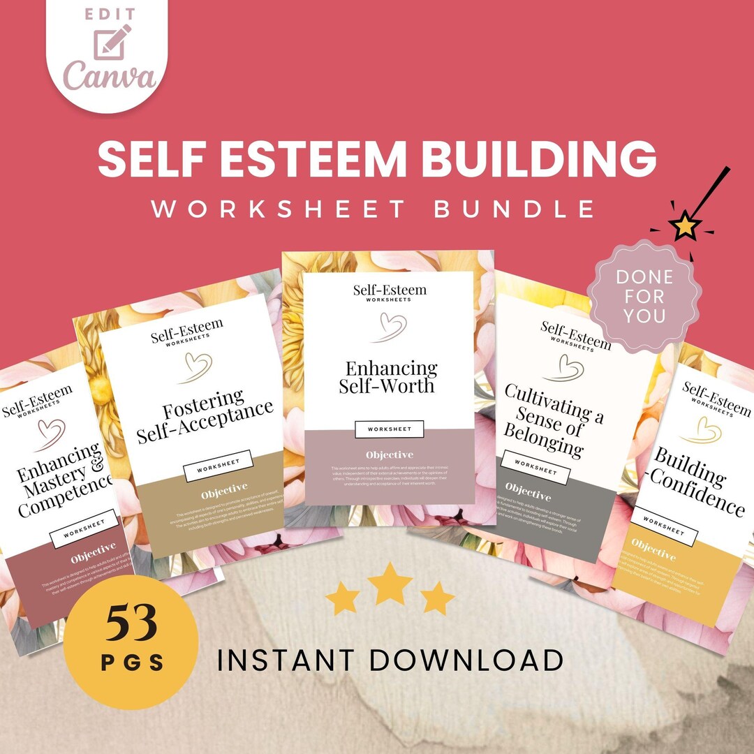 Self-esteem Worksheet Bundle for Adults, Editable Confidence Workbook ...