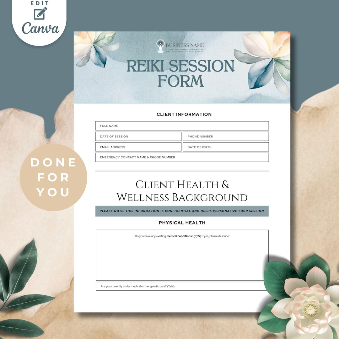 Reiki Session Intake Form, Client Consultation Form, Energy Healing ...