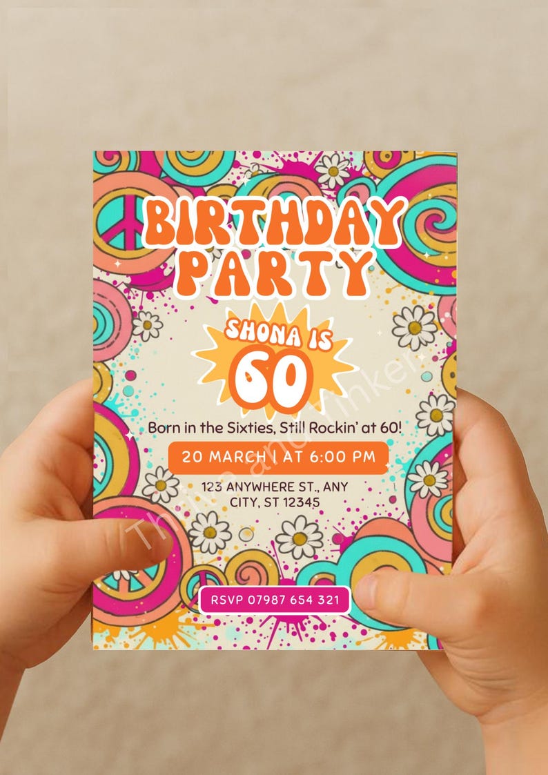Groovy 60th Birthday Invitation: 1960s Retro Canva Template (digital ...