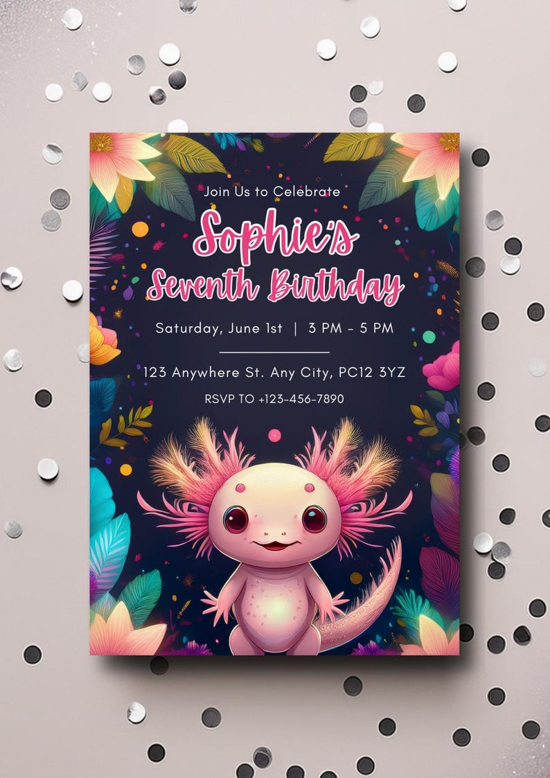 Axolotl Birthday Invitation Template | Cute Pink Axolotl Party Invite ...