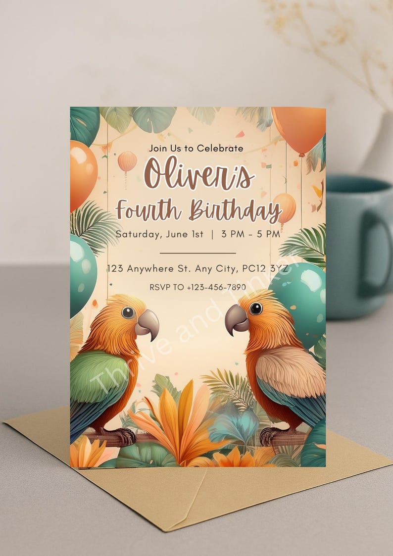 Parrot Birthday Invitation | Kids Animal Party Invite (digital Download ...
