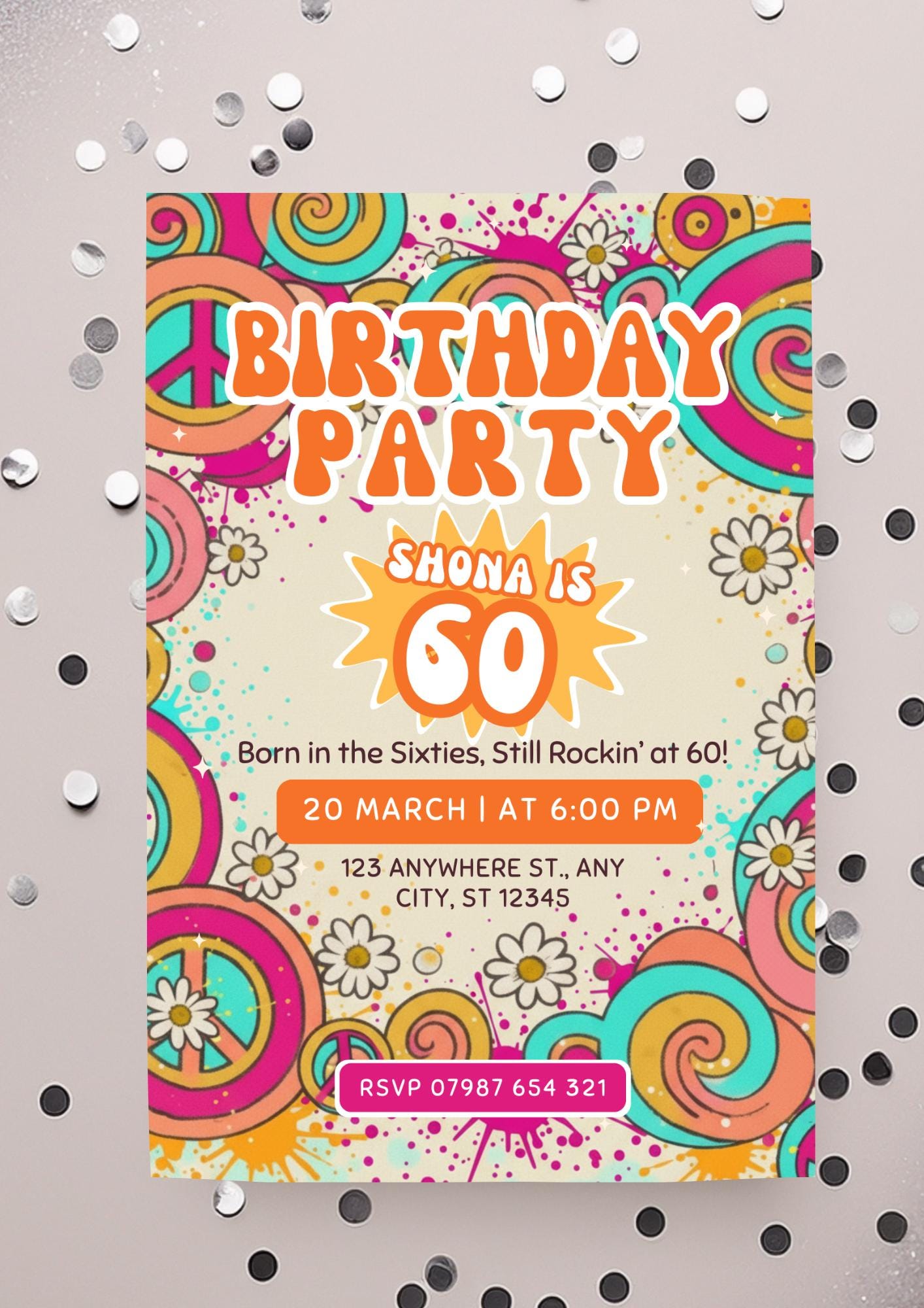 Groovy 60th Birthday Invitation: 1960s Retro Canva Template (digital ...