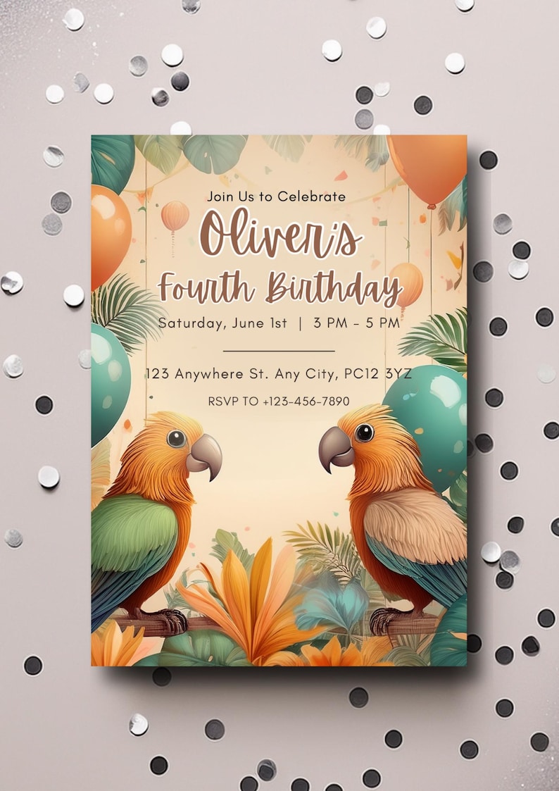 Parrot Birthday Invitation | Kids Animal Party Invite (digital Download ...