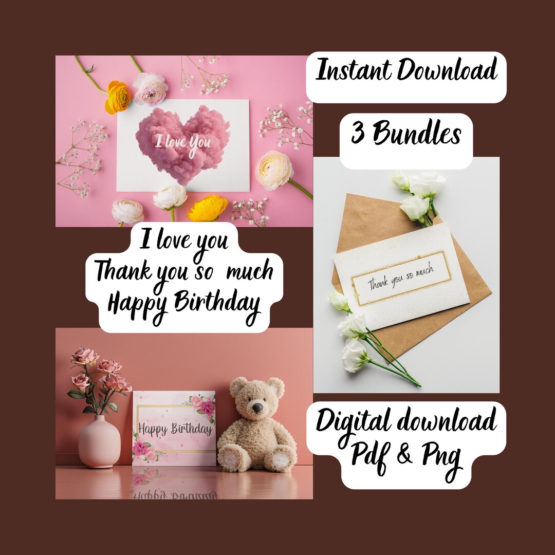 Printable Card Bundle | Thank You, I Love You & Birthday | 3 Digital ...